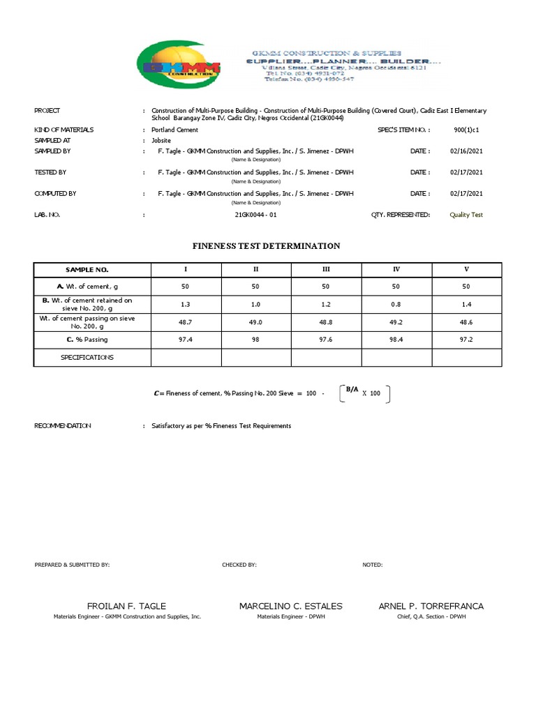 Fineness Test Determination: Froilan F. Tagle Marcelino C. Estales ...