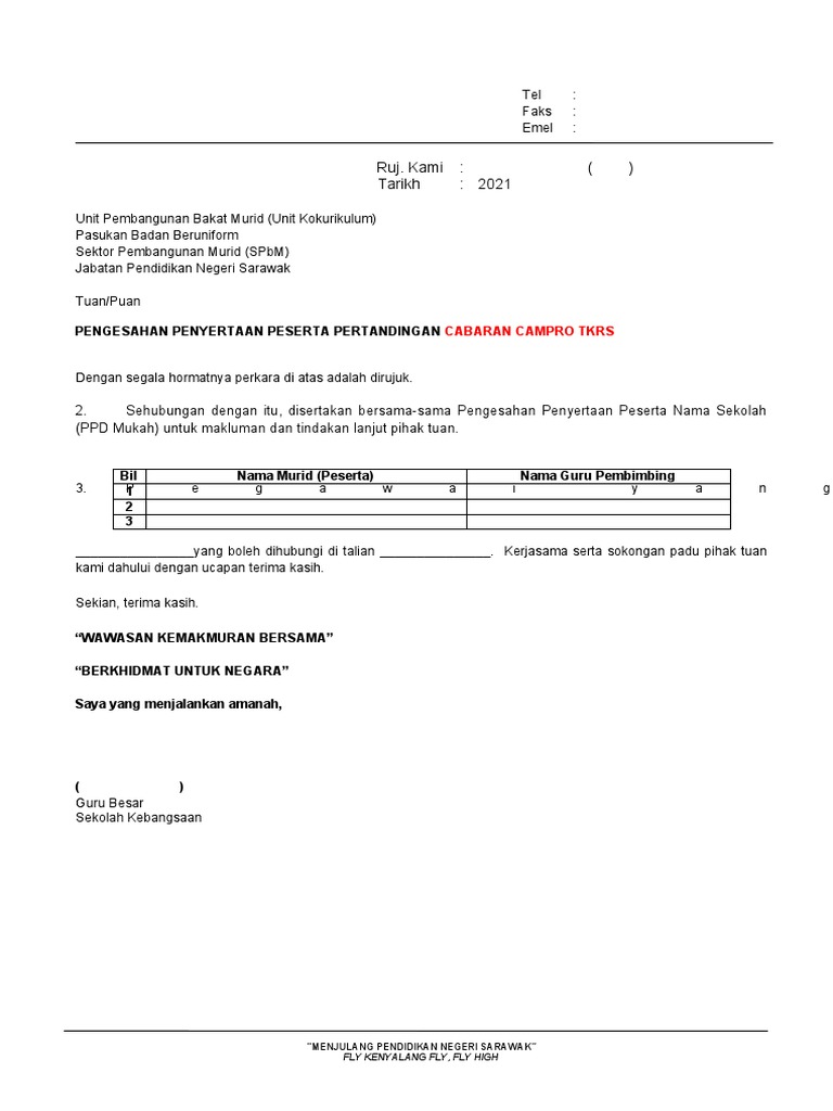 Contoh Surat Iringan Penyertaan Peringkat Negeri PPD Mukah Campro TKRS ...