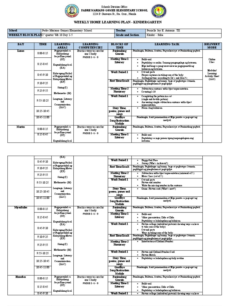Kindergarten Weekly Learning Plan | PDF | Cognition | Learning