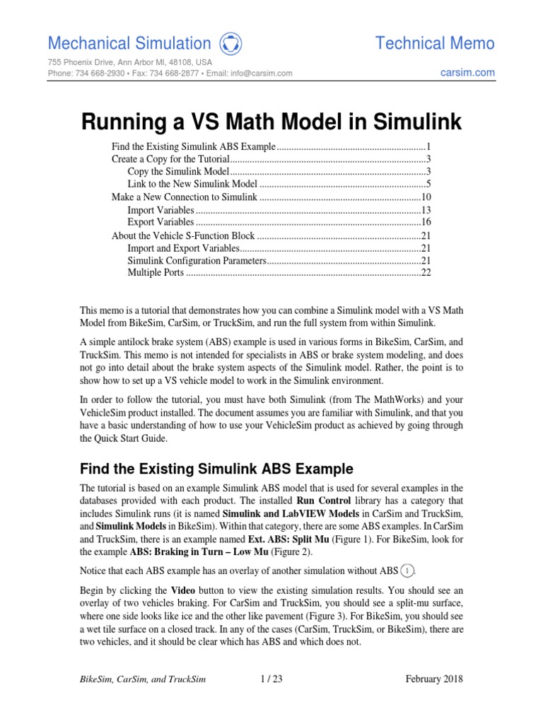 Running A VS Math Model in Simulink: Mechanical Simulation Technical ...