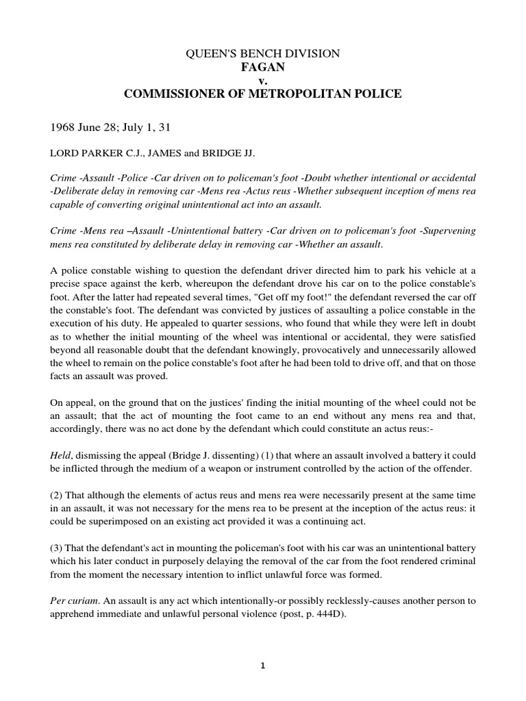 Fagan v. Commissioner of Metropolitan Police | PDF | Assault | Mens Rea