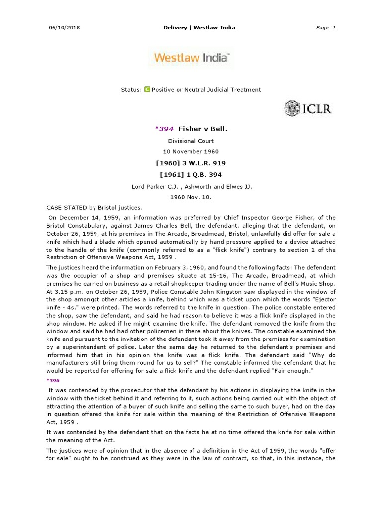 Fisher V Bell (1961) 1 QB 394 | PDF | Government | Public Law