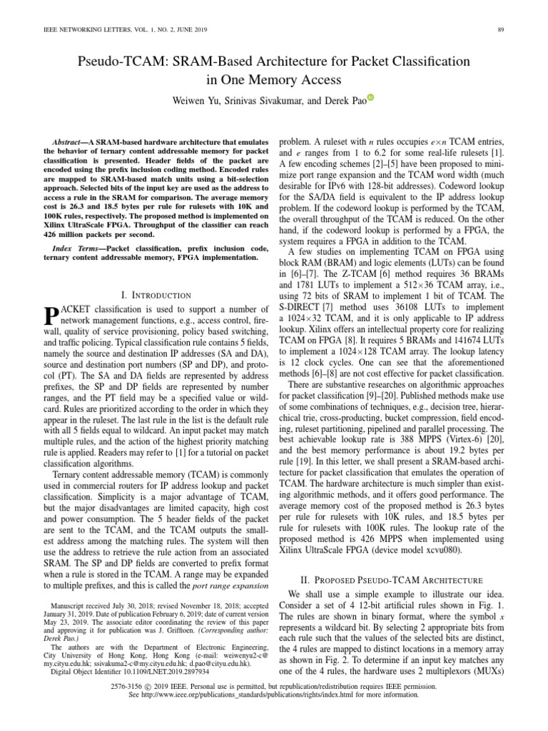 Pseudo-TCAM: SRAM-Based Architecture For Packet Classification in One Memory Access | PDF | Bit ...