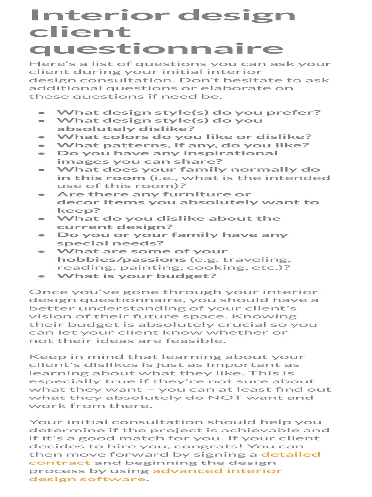 Interior Design Questionnaire Interior Design Client Questionnaire, A