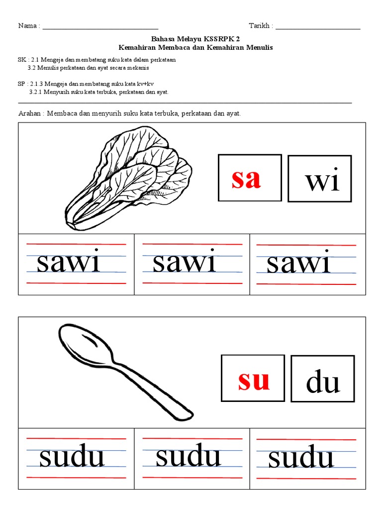Latihan Menyurih Suku Kata KV + KV - Ss 2 | PDF