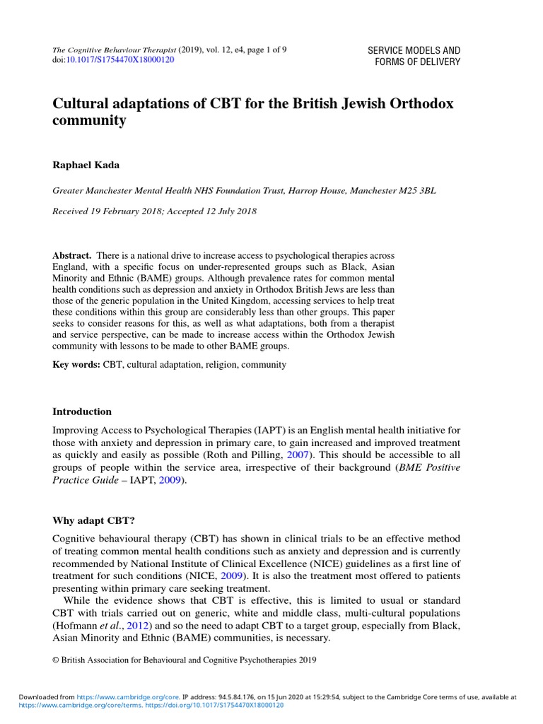 Cultural Adaptations of CBT For British Jewish Orthodox Community | PDF ...