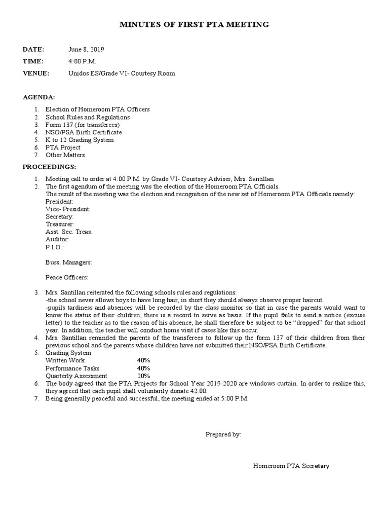 Minutes of Meeting PTA | PDF