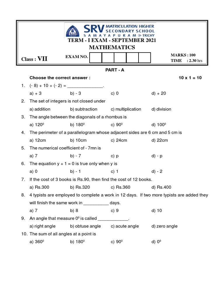(Model Question Paper) 7th Maths | PDF | Area | Euclidean Plane Geometry