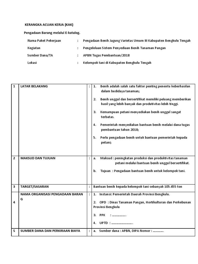 Contoh Kerangka Acuan Kerja e Katalog | PDF