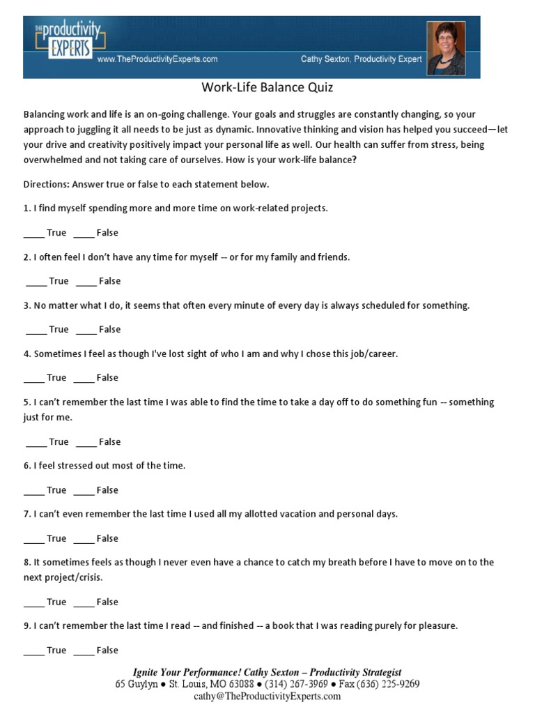 Work Life Balance Quiz and Tips Worksheet | PDF