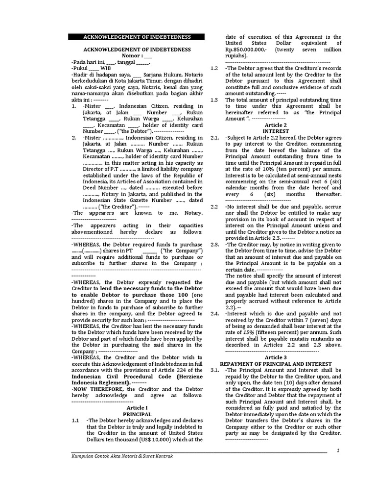 Acknowledgement of Indebtedness (Pengakuan Hutang) | PDF | Interest | Debt