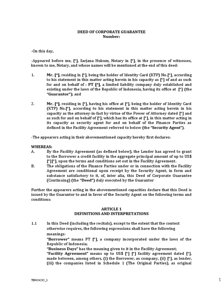 Deed of Corporate Guarantee | PDF | Guarantee | Indemnity