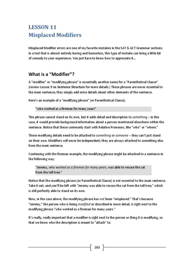 Lesson 11 Misplaced Modifiers: What Is A "Modifier"? | PDF | Sat | Phrase
