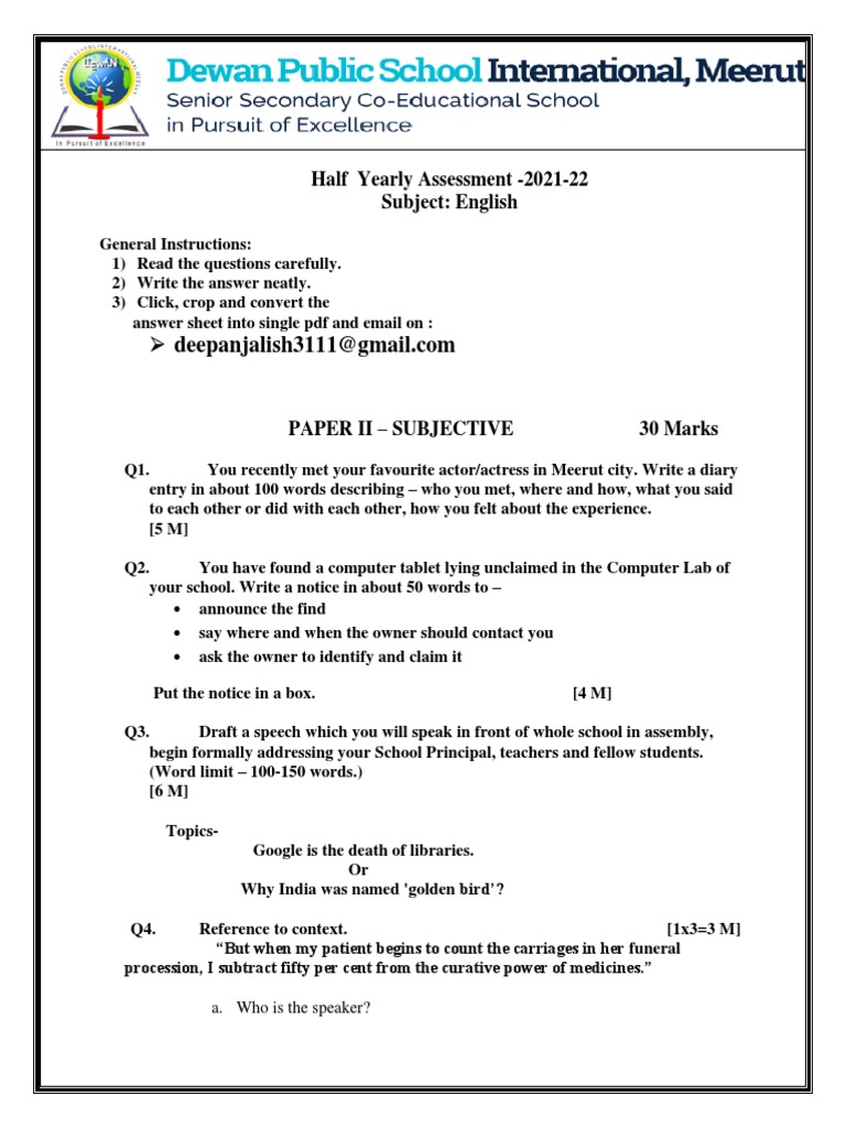 CLASS 7TH Hy English Paper | PDF | Cognition