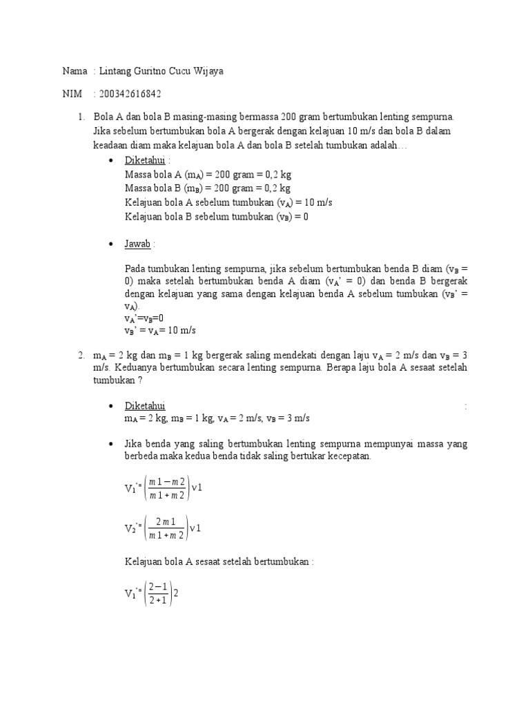 Tumbukan Lenting Sempurna: Studi Kasus dan Perhitungan | PDF