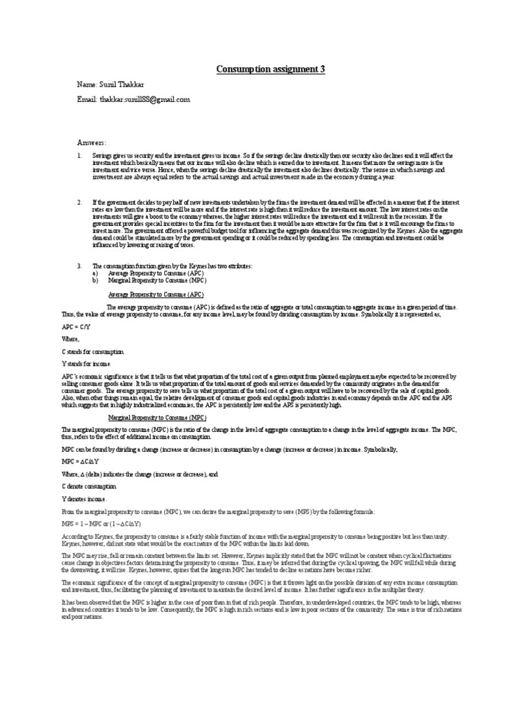 Consumption Assignment 3 Economics Pdf Saving Consumption Economics 