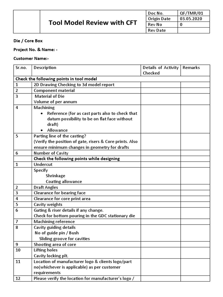 Tool Model Review With CFT: Die / Core Box Project No. & Name ...