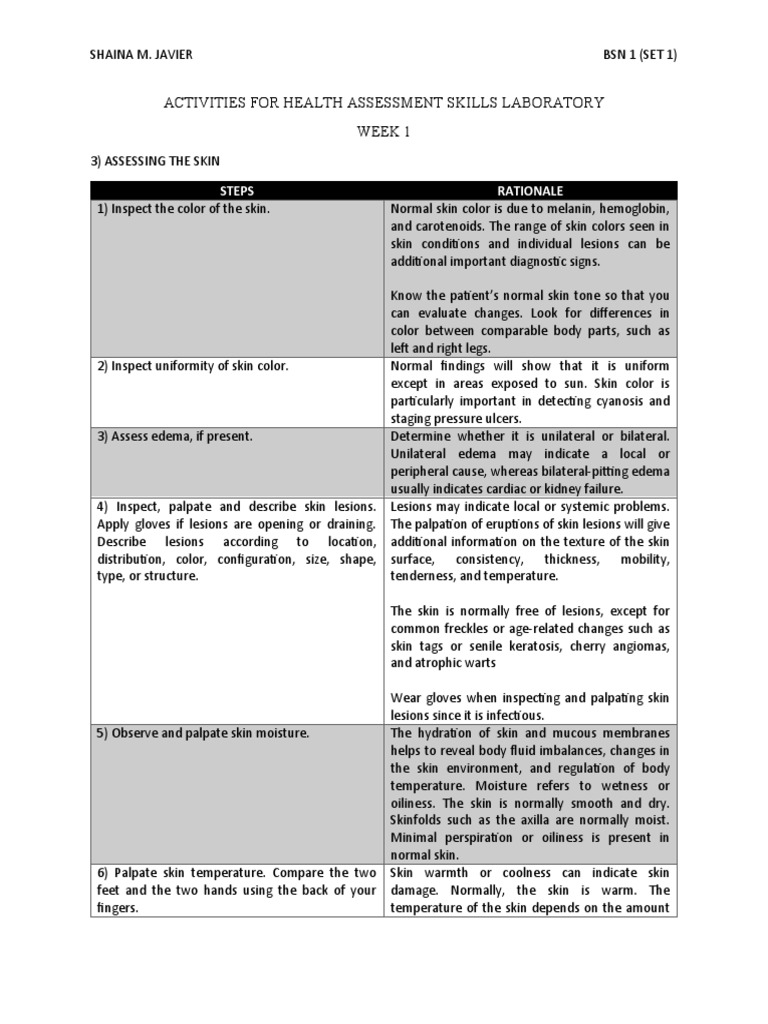 JAVIER Health Assessment Skills Lab Week 1 | PDF | Nail (Anatomy) | Skin