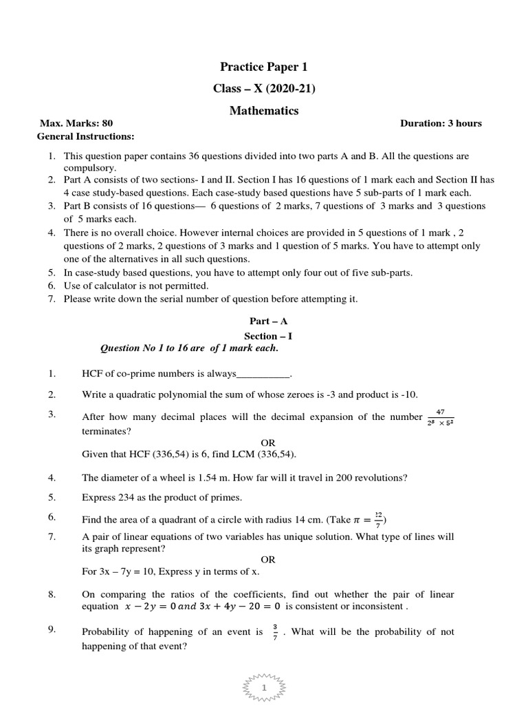 10 Maths 2020 2021 Practice Paper 1 | PDF | Area | Circle