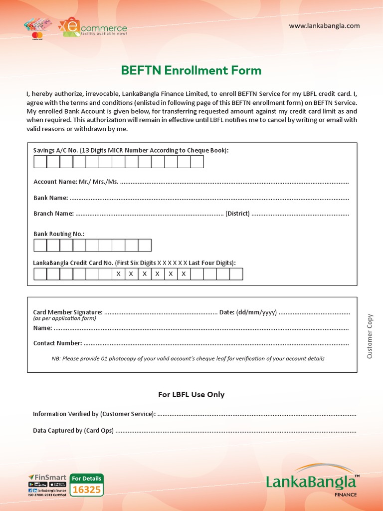 BEFTN Enrollment Form: For LBFL Use Only | PDF | Credit Card ...