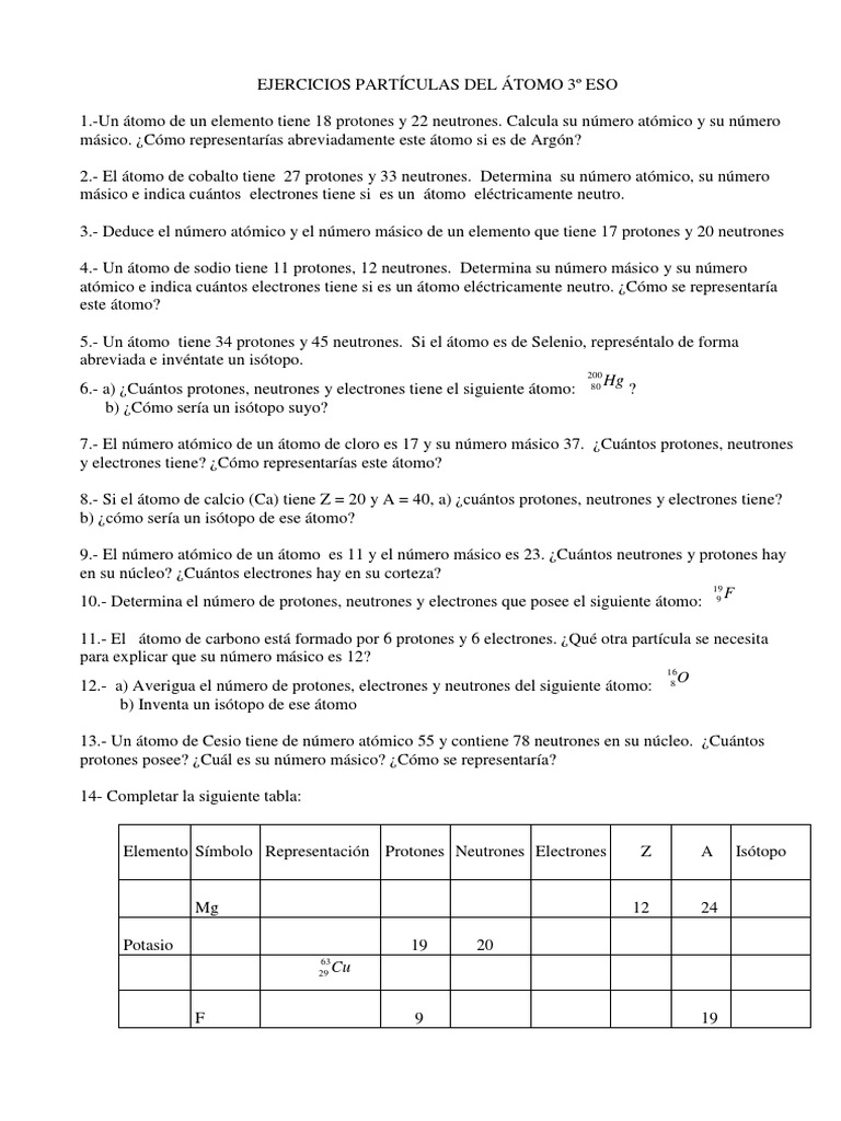 Ejercicios Sobre Partículas Del átomo 3º Eso Pdf Neutrón Protón