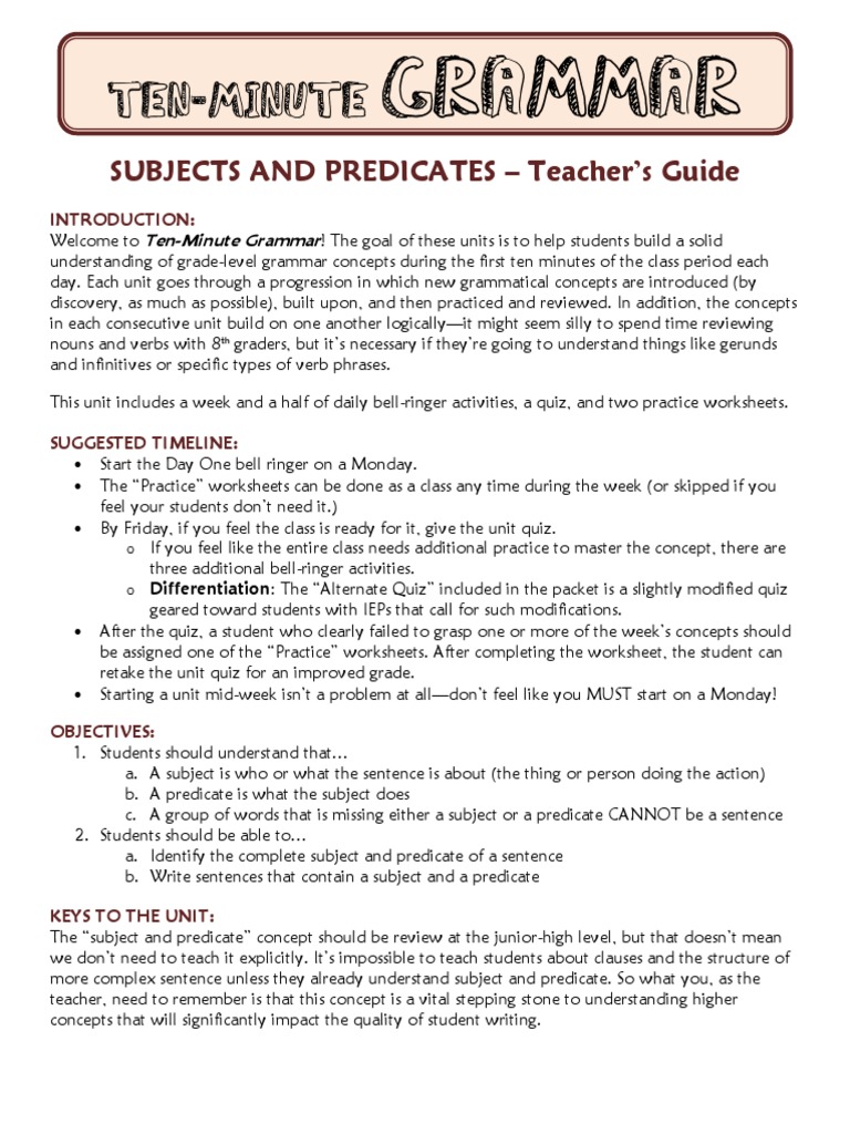 SUBJECTS AND PREDICATES Teacher's Guide | PDF | Subject (Grammar ...