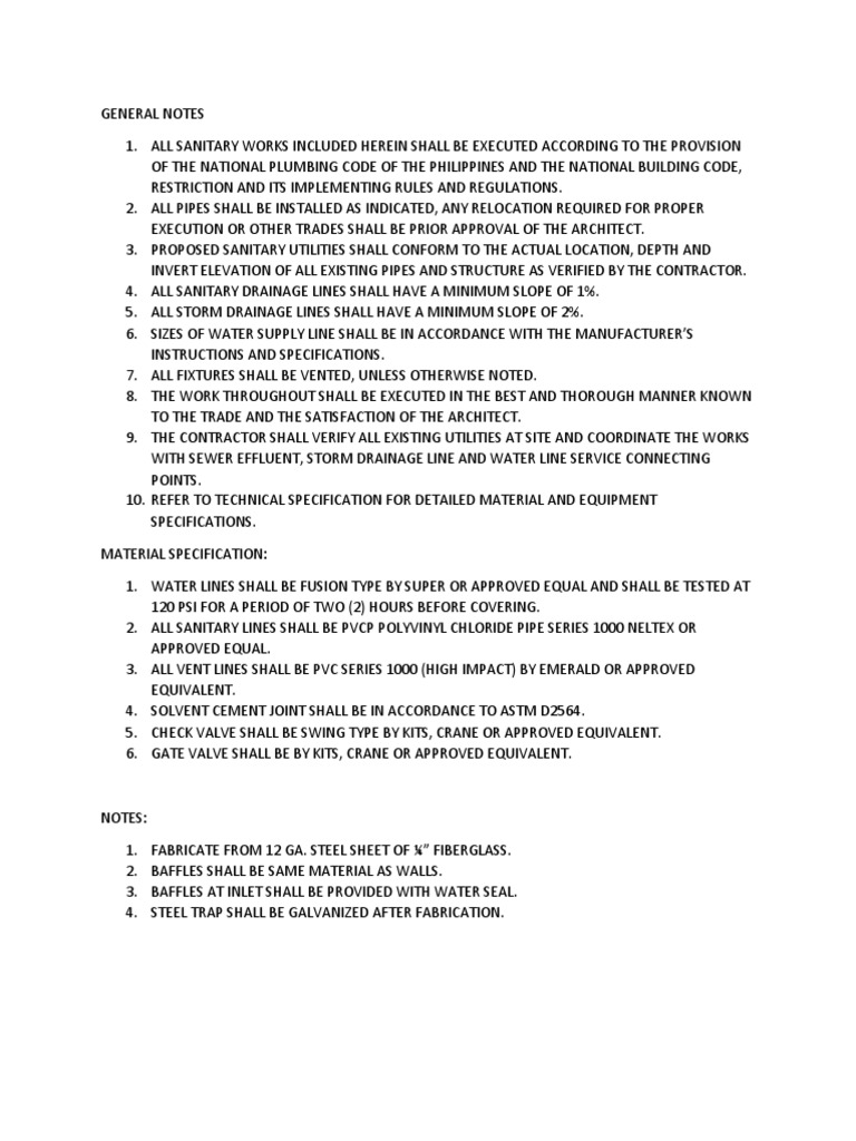 Sanitary General Notes and Specifications | PDF