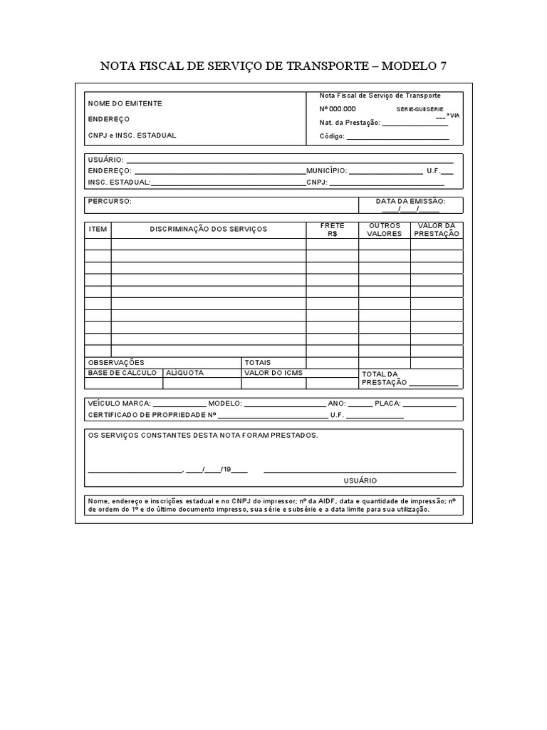 Modelo de Nota Fiscal de Transporte | PDF