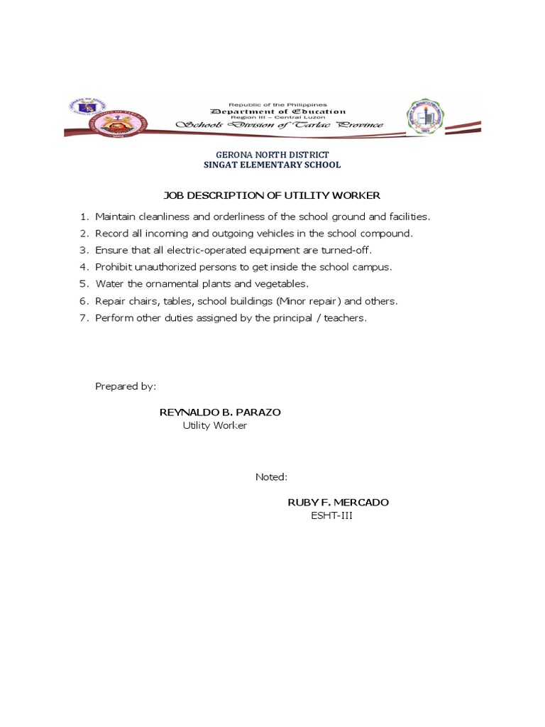 Job Description of Utility Worker: Singat Elementary School | PDF