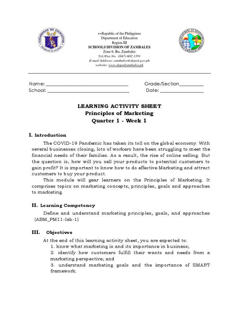 Learning Activity Sheet Principles of Marketing Quarter 1 - Week 1 I ...
