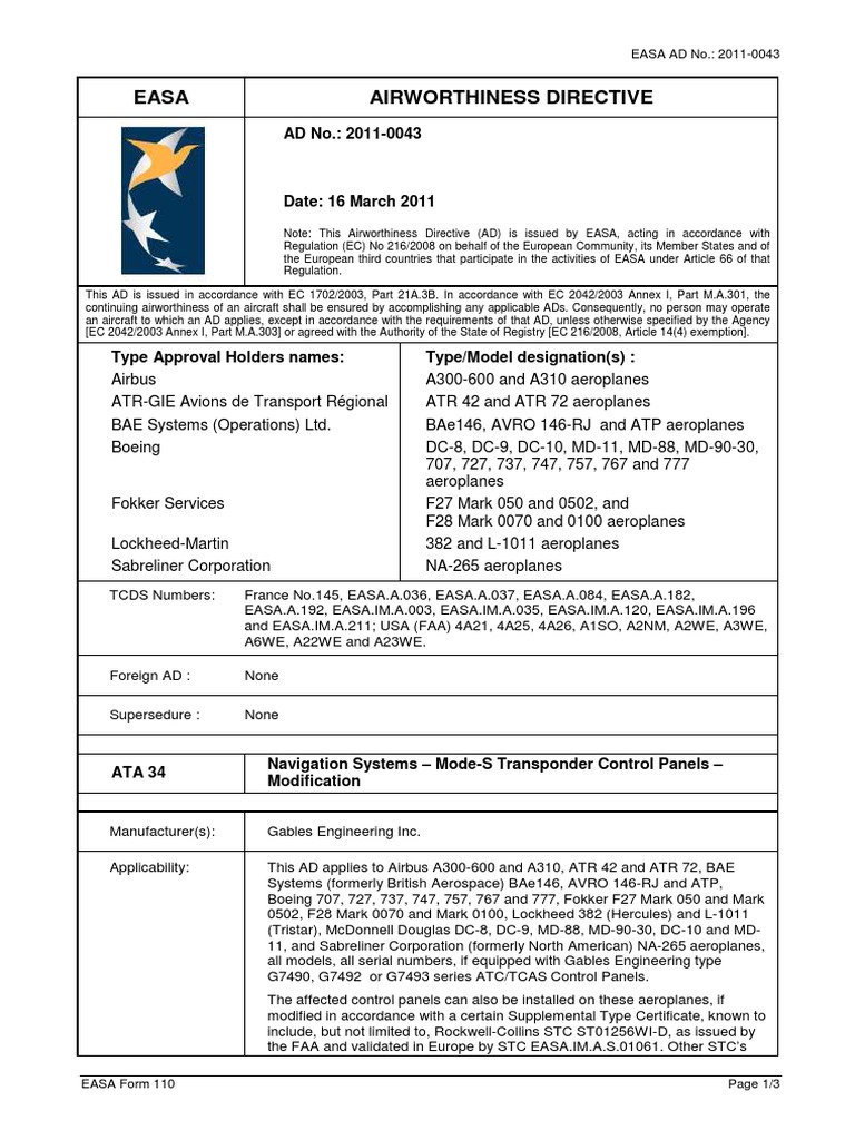 Easa Airworthiness Directive: AD No.: 2011-0043 | PDF | Aviation | Aircraft