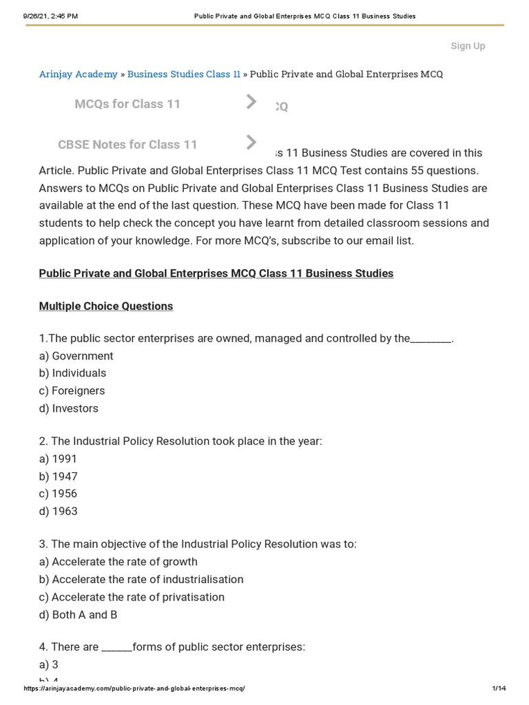 Public Private and Global Enterprises MCQ Class 11 Business Studies ...