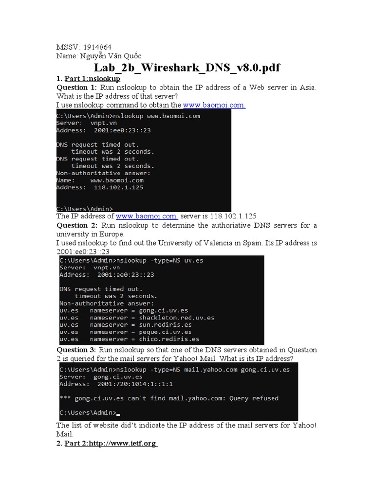 Lab - 2b - Wireshark - DNS - v8.0.pdf: Www. Baomoi | PDF | Domain Name System | Port (Computer ...