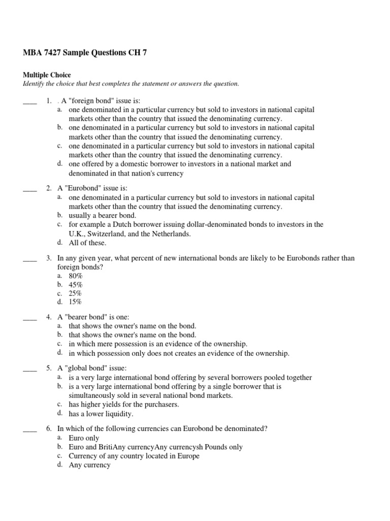 MBA 7427 Sample Questions CH 7: Multiple Choice | PDF | Bonds (Finance ...