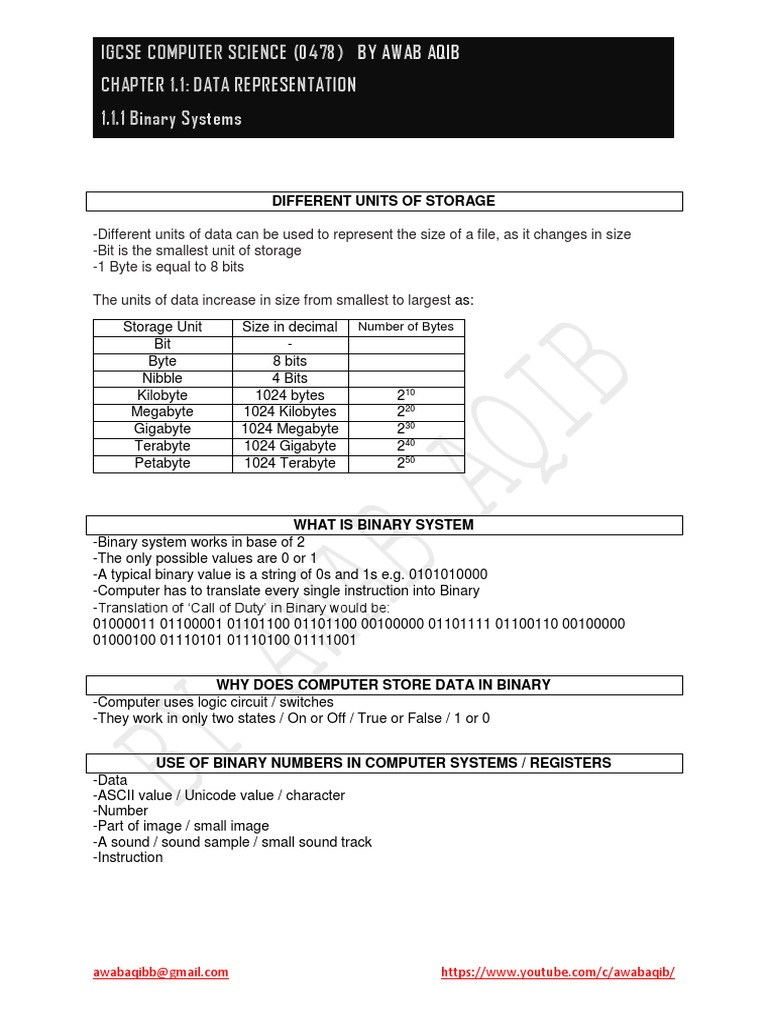 Igcse Computer Science 0478 Chapter 1 1 Data Representation 1 1 1 Binary Systems Pdf Byte