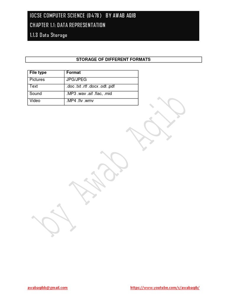 Igcse Computer Science (0478) Chapter 1.1: Data Representation 1.1.3 Data Storage | PDF | Data ...