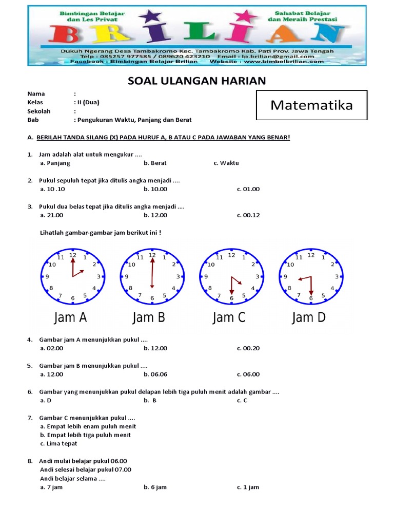 Soal Matematika Kelas 2 SD Bab 4 Pengkuran Waktu, Panjang Dan Berat Dan Kunci Jawaban | PDF