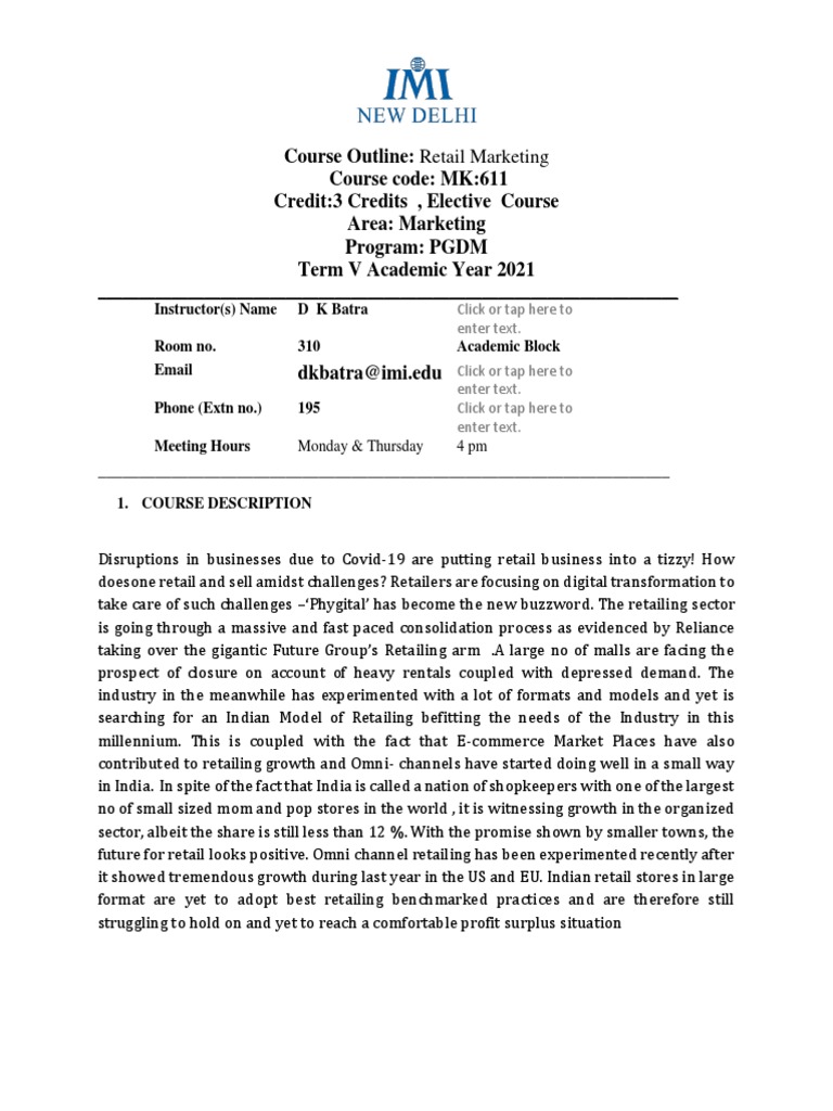 Final Course Outline Retail Man 2021 | PDF | Retail | Merchandising