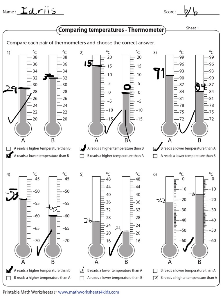 Comparing Temperatures - Thermometer: A B A B A B | PDF | Applied And ...
