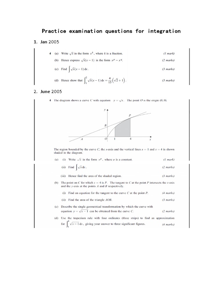 Practice Examination Questions For Integration | PDF
