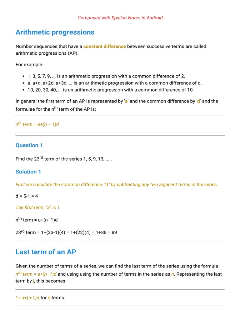 Arithmetic Progression Formulas and Examples | PDF | Mathematics ...