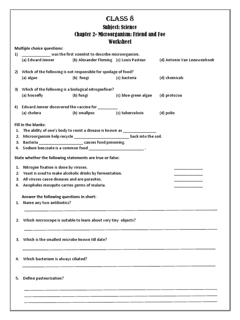Class 8: Subject: Science Chapter 2-Microorganism: Friend and Foe ...