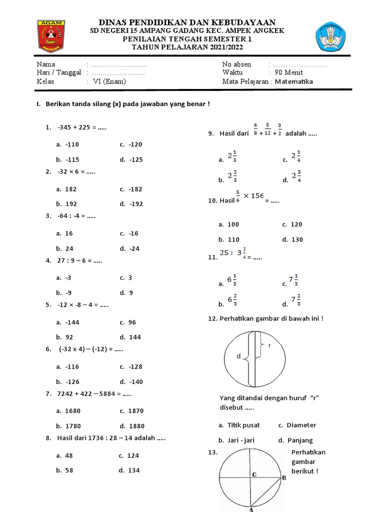 Soal PTS MTK Kelas 6 Ganjil K13 | PDF