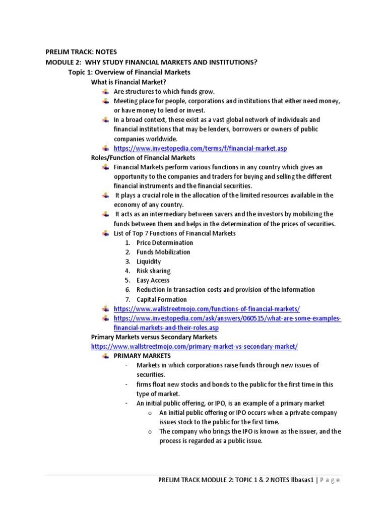 Introduction To Financial Markets and Institutions Notes | PDF ...
