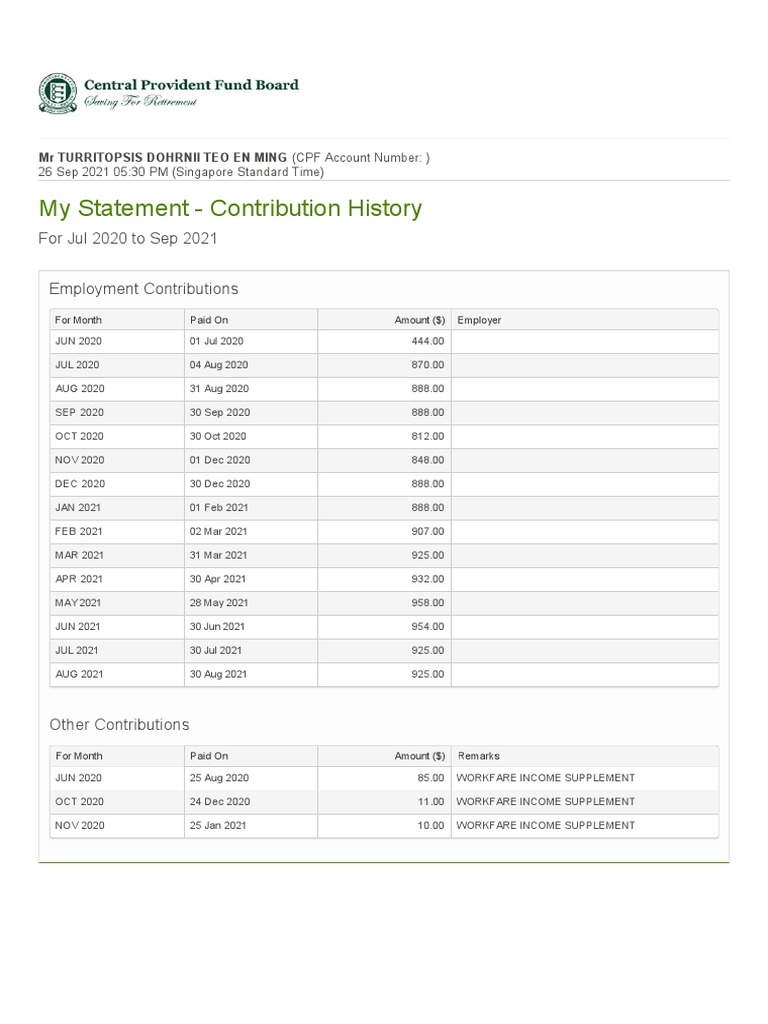 CPF Contribution History Statement | PDF