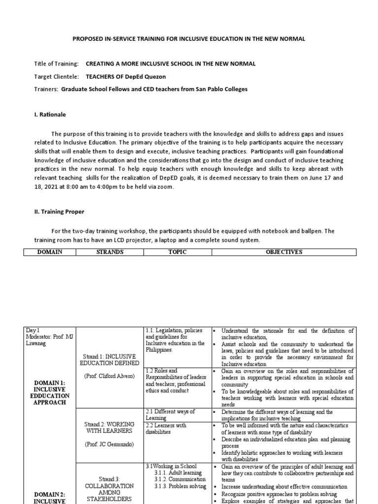 Proposed In-Service Training For Inclusive Education in The New Normal ...