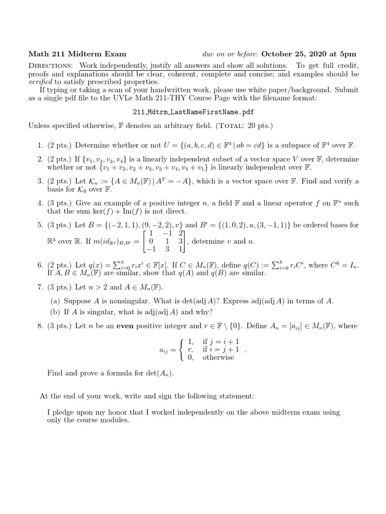 Math211 Lin Alg Midterm | PDF | Linear Subspace | Linear Algebra