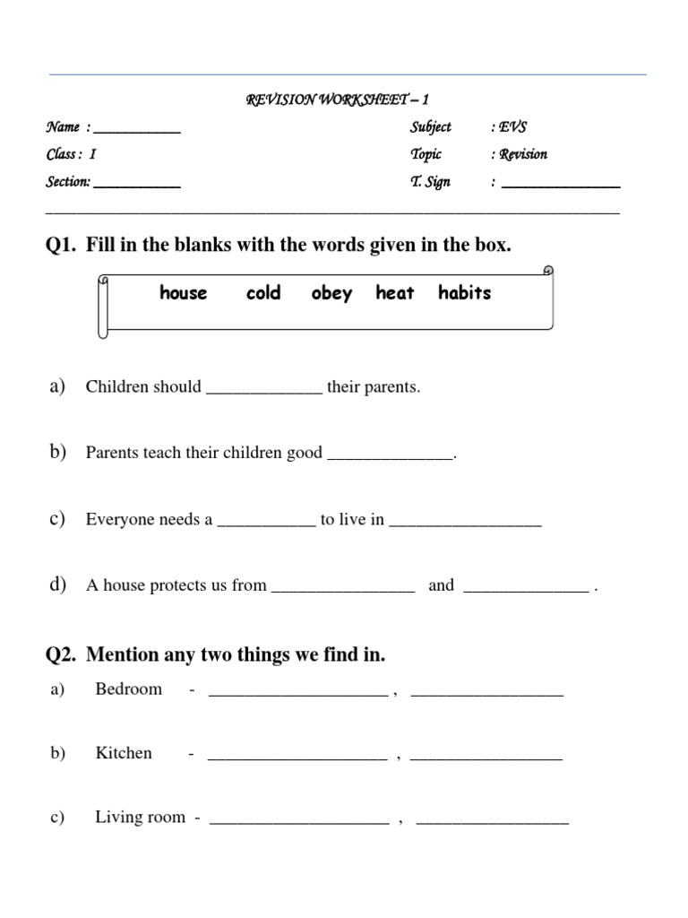 CBSE Class 1 EVS Worksheets | PDF