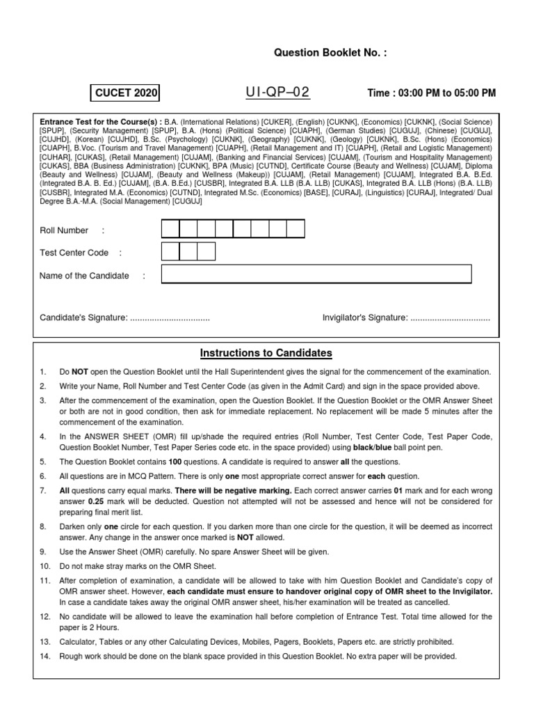 Entrance Exam Question Booklet Provides Insight into Wide Range of ...