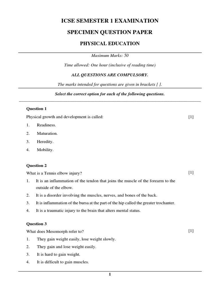 Icse Specimen QP - Physical Education | PDF | Musculoskeletal System